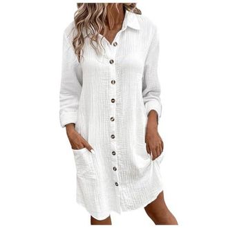Generic Robe d&eacute;t&eacute; Femme Confortable Nouveau D&eacute;contract&eacute; Couleur Unie Chemise &agrave; Manches Longues Bouton pour Femmes Mi-Longueur D&eacute;contract&eacute;e, Blanc., XXL