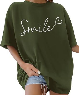 Heekpek Tee Shirt Femme Oversize T Shirt Chemise à Manches Courtes Coton à Col Rond T-Shirt Grande Taille Haut Ete, Vert Militaire, M