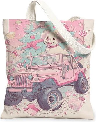 Generic Sacs fourre-tout en toile r&eacute;utilisables avec motif chiot et voiture de No&euml;l - Amusant pour lhiver - Toile lavable pour Tr, p&ecirc;che, 13x15 Inch