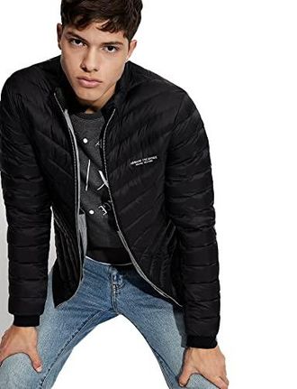A|X Armani Exchange Quilted Down Milano/New York Logo Zip-up Jacket Homme Manteau alternatif en duvet, Noir/Gris M&eacute;lang&eacute; B, L