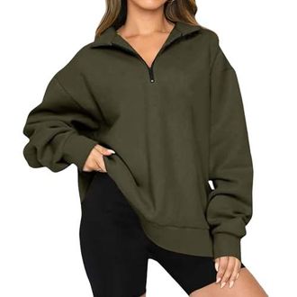 Generic Sweat &agrave; capuche zipp&eacute; surdimensionn&eacute; en polaire avec demi-fermeture &eacute;clair pour femme, vert militaire, 3XL
