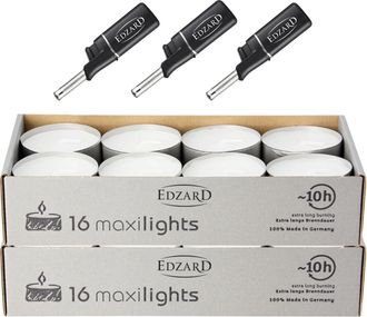 Edzard 32 St&uuml;ck Maxi Teelichter, Durchmesser 58 mm, wei&szlig;, ohne Duft, Aluminiumh&uuml;lle, Brenndauer 10 Stunden - plus 3 Mini-Stabfeuerzeuge L&auml;nge 11 cm