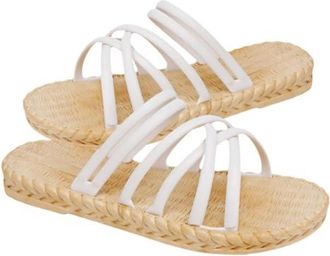 Garneck Sandales Femme &Eacute;t&eacute; Plates Paille Tress&eacute;e Confortables pour Plage et Usage Quotidien Style Romain Blanc