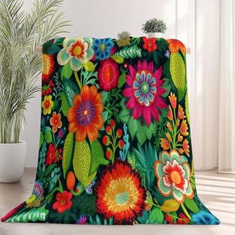 Generic Couverture Jet&eacute; Polaire en Flanelle Vert fonc&eacute;, Plaid Doux et Moelleux, 7D Imprim&eacute; Style Art Populaire Feuilles Fleurs, Id&eacute;al pour Lit, Canap&eacute; ou Voya