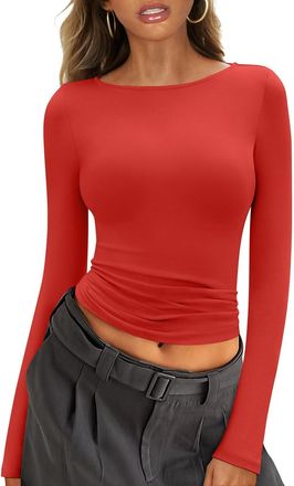 Minetom Sweatshirt Damen Tshirt Langarm U-Boot Ausschnitt Basic T-Shirt Baumwolle Langarmshirt Eng Stretch Pullover Oberteile Y2K Top A Rot XXL