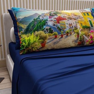 Petti Artigiani Italiani Bettwäsche-Set aus Baumwolle, für französisches Bett, mit Kissenbezügen und Spannbettlaken, 140 x 200 cm, Design Ischia Electric Blue, 100% hergestell