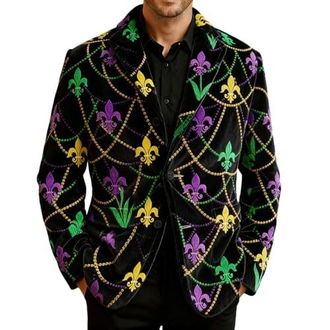 Generic Veste de costume pour homme en velours c&ocirc;tel&eacute; imprim&eacute; multicolore - Costume de carnaval - Motif Mardi Gras - Blazer - Tenue de f&ecirc;te - Vintage - Veste 