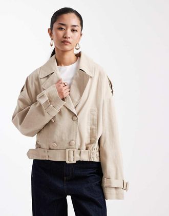Miss Selfridge Trench court &agrave; ceinture - Taupe d&eacute;lav&eacute;-Blanc