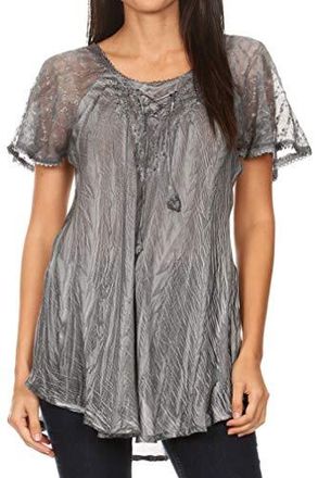 Sakkas 19213 - Chemise décontractée légère à Manches Courtes et à Encolure dégagée Aline pour Femmes - Gris - OS
