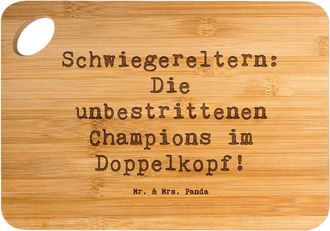 Mr. & Mrs. Panda Bambus - Schneidebrett Spruch Schwiegereltern Champions - Geschenk, Liebe, Familie, Holzbrett mit Gravur, Doppelkopf, Schneidebrett