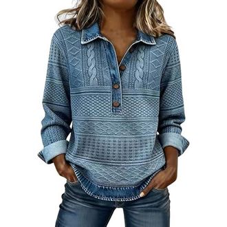 Generic 2026 Sweat-Shirt en Denim Patchwork Femme Fashion Manches Longues Pull-Over Col Rond Couleur Unie Top Haut Streetwear Oversize Vetement pour Printemps