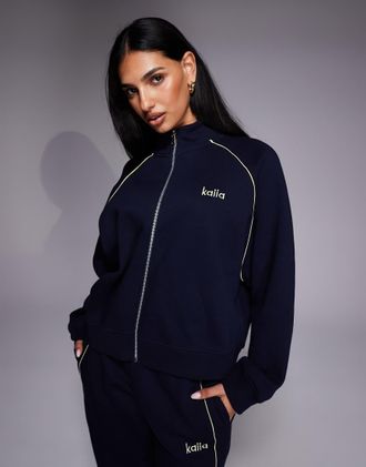 KAIIA Oversize-Sweatshirt in Marineblau und Gelb mit Logo-Stickerei und Rei&szlig;verschluss, Kombiteil-Bunt