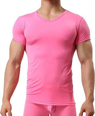 Generic T-shirts pour homme à séchage rapide, col rond, manches courtes, tendance, décontracté, athlétique, course à pied, travail, rose, XL