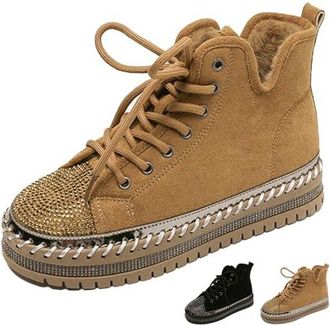 Generic Bottes dhiver &agrave; lacets pour femme avec strass et doublure en fourrure &eacute;paisse, jaune, 37 EU