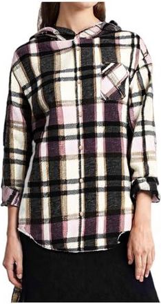 Generic Veste &agrave; capuche &agrave; manches longues en flanelle &agrave; carreaux pour femme avec fermeture &agrave; boutons, rose, M