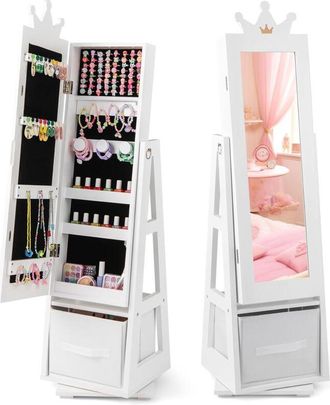 Costway Costway - Armoire &agrave; Bijoux Enfant avec Miroir & Base Pivotante, Organisateur &agrave; Bijoux en Motif Couronne avec Bac en Tissu & &Eacute;tag&egrave;re, Dispositif