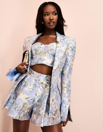 Asos Blazer densemble en jacquard fleuri &agrave; &eacute;paulettes - Bleu-Multicolore