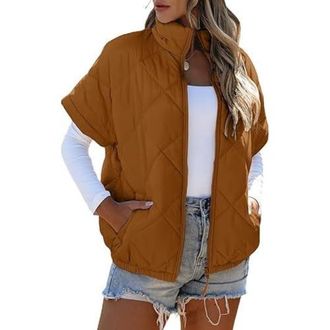 Generic Veste matelass&eacute;e surdimensionn&eacute;e &agrave; manches courtes avec col montant et fermeture &eacute;clair sur le devant pour femme, caramel, XXL