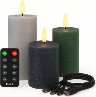 FlinQ Wiederaufladbare LED-Kerzen mit lebendiger Flamme - Inklusive Fernbedienung mit Timer und Dimmfunktion - Wiederaufladbare Echtewachs Stumpenkerzen - 3