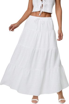 SOLY HUX Damen Rock Langer Sommerrock Boho Maxirock Locker A Linie Casualrock Mehrlagiger Freizeitrock Urlaub Strandrock mit Knoten Wei&szlig; S