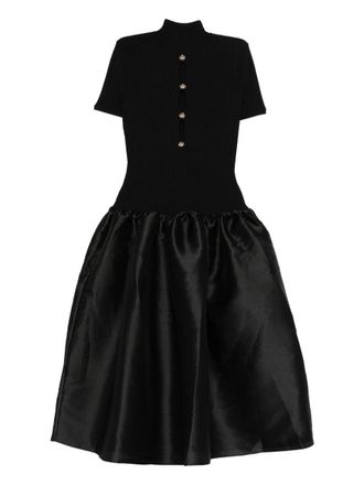 Self Portrait Black Knit Taffeta Midi Dress