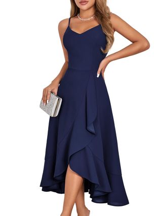 Dresstells Cocktailkleid Damen Festlich Tr&auml;ger Hochtief Kleid f&uuml;r Hochzeit Dunkelblau Knielang Weihnachtsfeier Kleider R&uuml;ckenfrei Curvy Elegantes Partykleid Navy