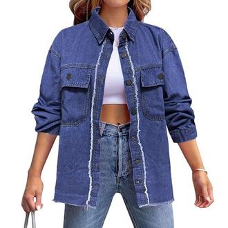 Generic Veste en jean &agrave; ourlet brut d&eacute;lav&eacute; pour femme - Style vintage - Boutons - Veste en jean, bleu, XXL