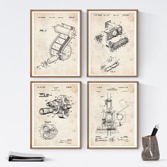 Nacnic Musikinstrument Patent Poster 4er-Set | Posterset mit Erfindungen und alten Werkzeugen | Bilder von Kinetoskop, Kamera, Objektiv, Kamerafilm | Größe A