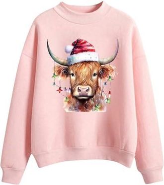 Generic Sweat-shirt &agrave; manches longues et col rond imprim&eacute; vache de No&euml;l pour femme, rose, XXL