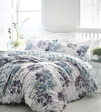 Portfolio Home KEW Aquarell-Blumen-Bettw&auml;sche-Set, Bettbezug und Kissenbezug, Perkal-Baumwolle, Blaugr&uuml;n, Doppelbett