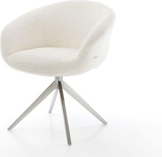 DELIFE Drehstuhl Vinka-Flex mit Armlehnen Bouclé Weiß Kreuzgestell breit Edelstahl 360° drehbar Wippfunktion Taschenfederkern, Esszimmerstühle