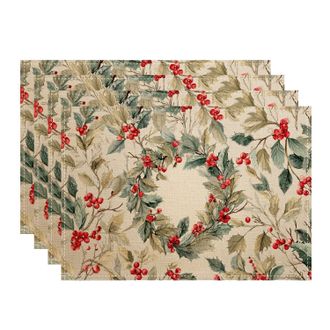 Generic Weihnachtliche Stechpalmenbeeren-Platzsets, Vintage-Blumen-Tischsets für Esstisch, Winterurlaub, rutschfest, waschbar, für drinnen und draußen, Küche,