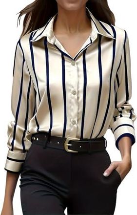 Generic Chemise à manches longues pour femme - Coupe ample - En satin - Rayures - Col en V - Style décontracté - Pour le travail et le quotidien, T-shirts noi