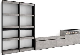 Skraut Home | Wohnwand Wohnzimmer | Wohnzimmerm&ouml;bel, M&ouml;belset | 370x186x35cm | F&uuml;r TV-Ger&auml;te bis zu 65 | Elektrokamin. | Moderner Stil | Zement