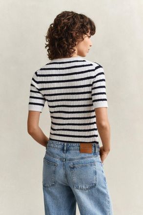 GANT Kurzarmpullover STRETCH COTTON CABLE STRIPE SS Gestreifter Zopfstrick, Rundhals, Schmale Passform