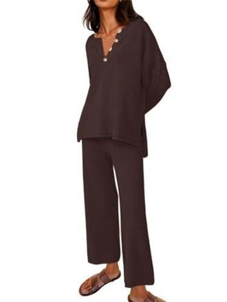 Generic Ensemble chandail 2 pi&egrave;ces pour femme, coupe d&eacute;contract&eacute;e, pull en tricot &agrave; manches longues et pantalon &agrave; jambe large, rose, taille S, pour le quotidi