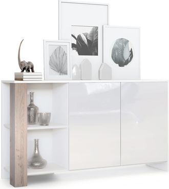 Vladon Sideboard Canto, Made in Germany, Lange Anrichte mit 2 Türen und 6 Fächern, Korpus Weiß matt, Fronten Weiß Hochglanz, Dekor-Paneele Eiche Nordic (143 