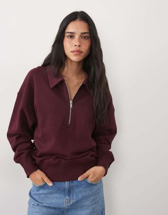 Arket sweat-shirt &agrave; manches longues en coton avec demi-zip bordeaux-Rouge