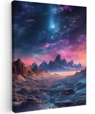 MuchoWow © Leinwand Bilder 60x80 cm Wanddeko Wohnzimmer Aesthetic Room Decor Deko Zimmer Wandbilder Modern Bild auf Leinwand Berge - Sterne - Bunt - Neon