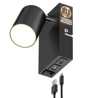 LEDs Com Wandleuchte WAIKA, 1-flammig, Schalter, schwarz, USB-C, USB-A, 1x GU10 max. 15W