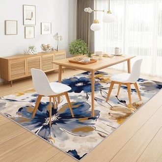 Generic Multicolore Lavable en Machine Tapis Salon Dessin au Trait de Fleurs Contour minimalisme, 160 x 230 cm Doux Tapis de Sol Pelucheux Dessous Antid&eacute;rapan