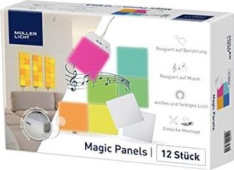 M&uuml;ller-Licht Magic Panel Wandleuchte Wandpanels 12er Set, Stimmungslicht, wei&szlig;es und farbiges Licht RGB, Farbdurchlauf, Touch und Musik Sync, inkl. Montagematerial