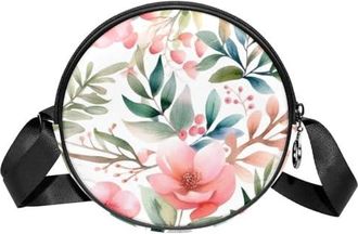 Generic Petit sac &agrave; bandouli&egrave;re circulaire pour femme, motif feuilles florales, sac &agrave; dos avec fermeture &eacute;clair, bretelles r&eacute;glables, sac &agrave; main rond d&eacute;contra