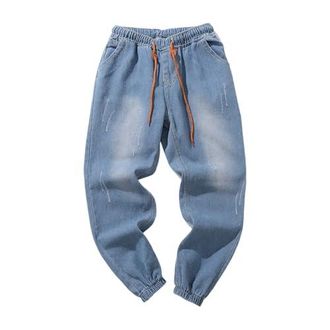 Generic Jeans pour homme couleur unie pantalon en jean d&eacute;contract&eacute; pantalon de sport pantalon de sport taille &eacute;lastique jean pieds retrouss&eacute;s pantalon de surv