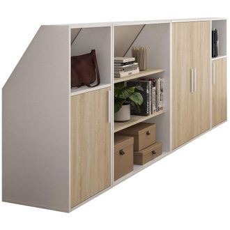 Vente-Unique Vente-Unique - Meuble sous pente 4 portes - 2 &eacute;tag&egrave;res et 2 niches - Blanc et naturel - Panneau de particule &eacute;co-responsable - Dimensions