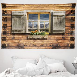 Abakuhaus Rustikal Wandteppich und Tagesdecke, Blick vom Berghütte aus Weiches Mikrofaser Stoff Waschbar ohne Verblassen Digitaldruck, 230 x 140 cm,Braun Grün