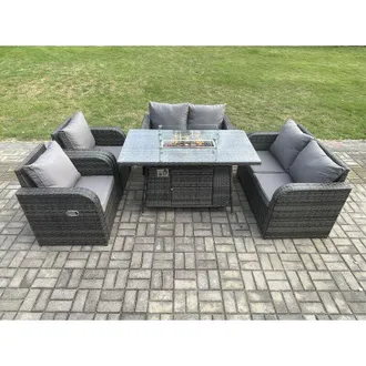 Fimous Rattan Gartenm&ouml;bel Sofa Set Gas Feuergrube Esstisch Gasheizung mit Liebe Sofa Recling Stuhl 6 Sitzer Dunkelgrau Gemischt - Fimous
