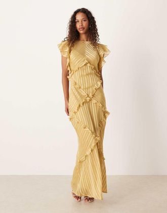 Asos Robe longue &agrave; rayures et volants - Jaune-Multicolore
