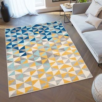 Tapiso Lazur Tapis Poil Ras Moderne Gris Bleu Cr&egrave;me Jaune G&eacute;om&eacute;trique Motif Mosa&iuml;que Triangles Tapis Salon Chambre Adulte Salle &agrave; Manger Bureau Oeko-TEX R&eacute;si