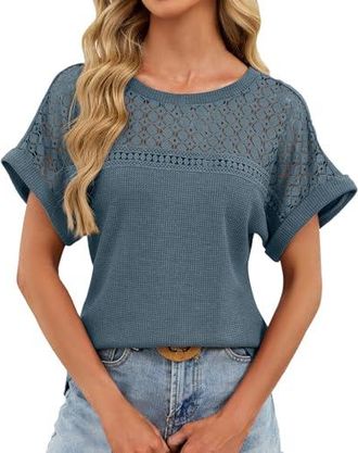 Generic Chemisier d&eacute;contract&eacute; &agrave; manches courtes et col rond pour femme | Chemise d&eacute;t&eacute; l&eacute;g&egrave;re textur&eacute;e pour un usage quotidien, le bureau, les vacances d&eacute;contr